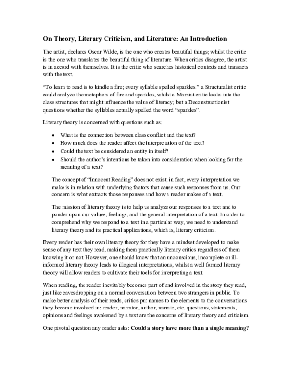 (DOC) Literary Theory, Criticism and Literature: An Introduction