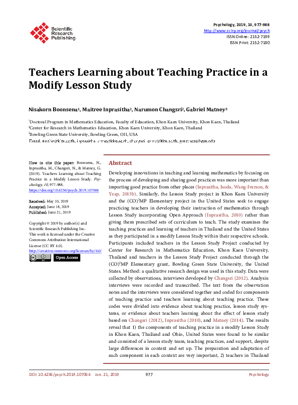 (PDF) Teachers Learning about Teaching Practice in a Modify Lesson Study