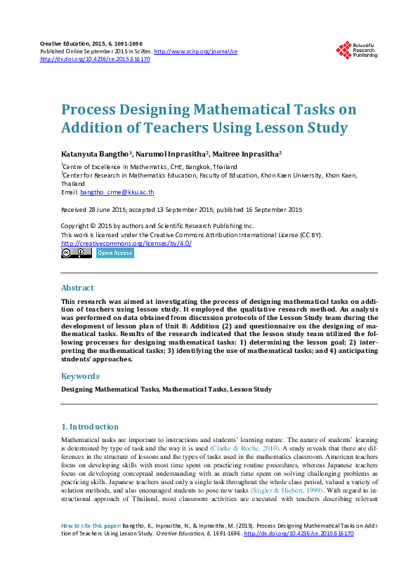 (PDF) Process Designing Mathematical Tasks on Addition of Teachers ... (PDF) Process Designing Mathematical Tasks on Addition of Teachers ...