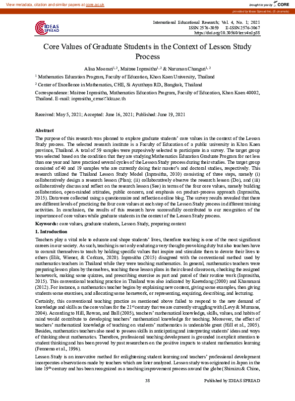 (PDF) Core Values of Graduate Students in the Context of Lesson Study ...