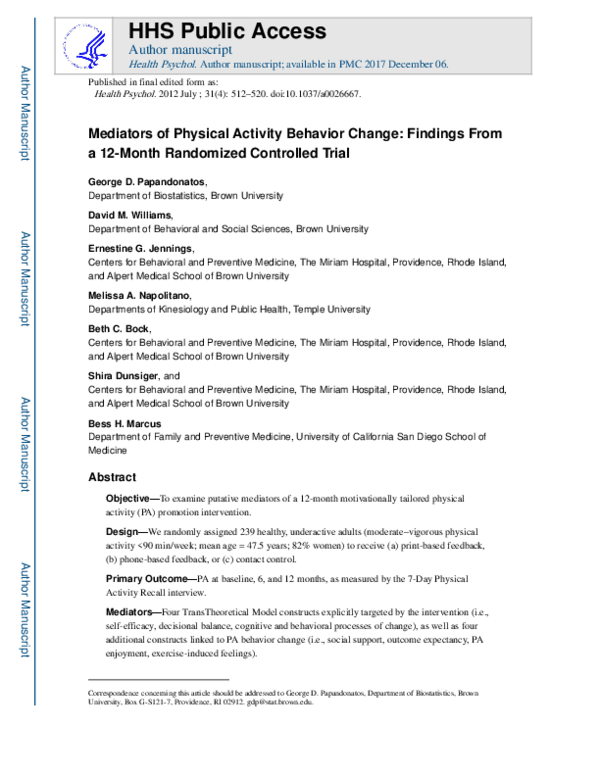 (PDF) Mediators of physical activity behavior change: Findings from a ...