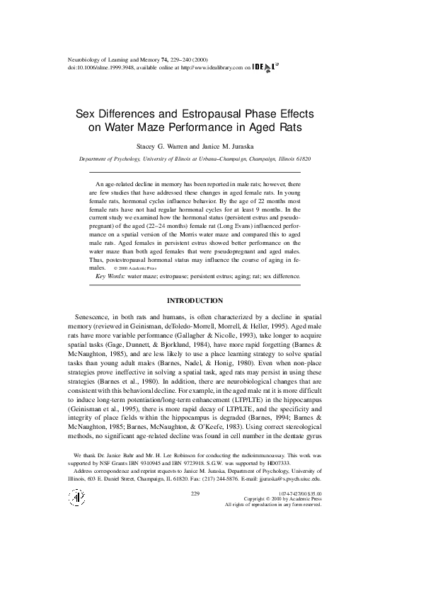 Pdf Sex Differences And Estropausal Phase Effects On Water Maze Performance In Aged Rats