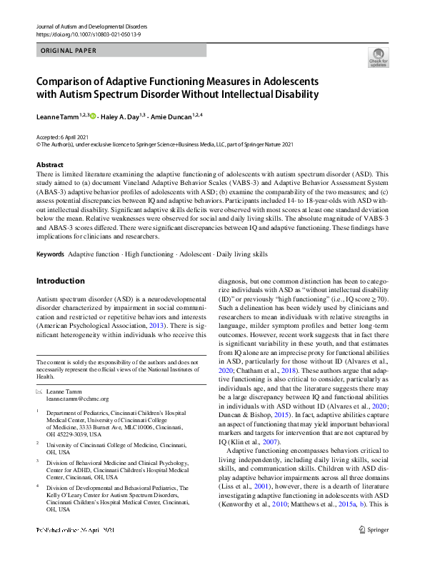 (PDF) Comparison of Adaptive Functioning Measures in Adolescents with Autism Spectrum Disorder ...