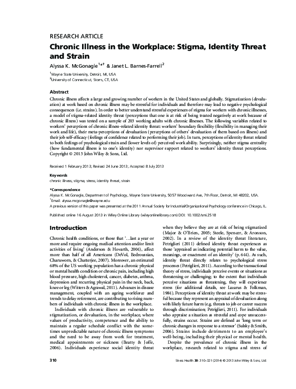 (PDF) Chronic Illness in the Workplace: Stigma, Identity Threat and Strain
