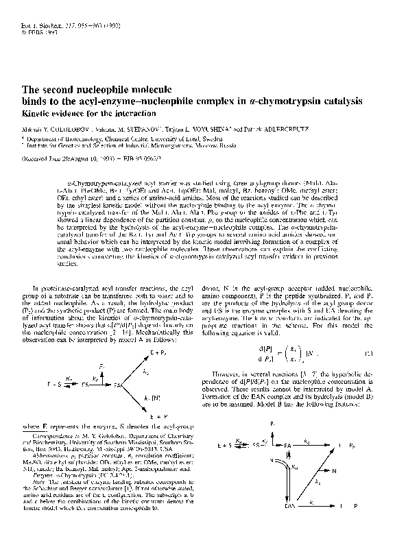 (PDF) The second nucleophile molecule binds to the acyl-enzyme-nucleophile complex in alpha ...