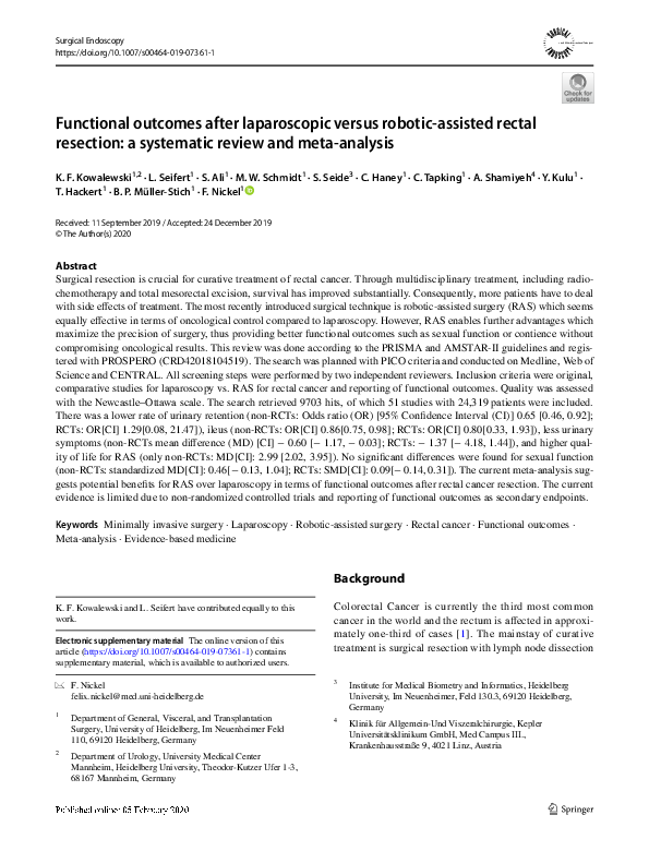 (PDF) Functional outcomes after laparoscopic versus robotic-assisted rectal resection: a ...