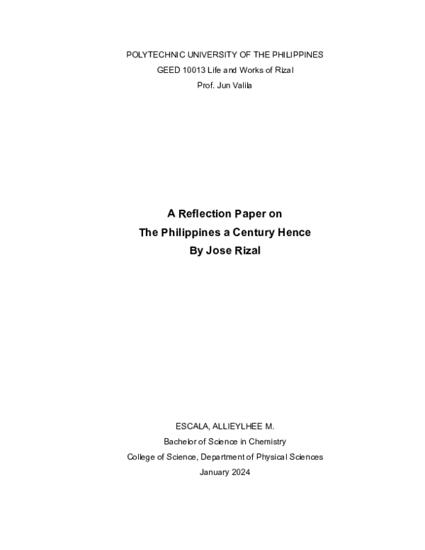 (DOC) A Reflection Paper on "The Philippines a Century Hence" By Jose Rizal