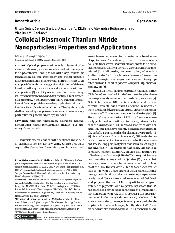 (PDF) Colloidal Plasmonic Titanium Nitride Nanoparticles: Properties and Applications