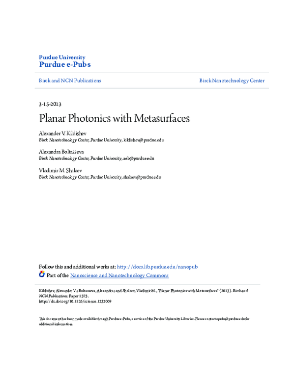 (PDF) Planar Photonics with Metasurfaces