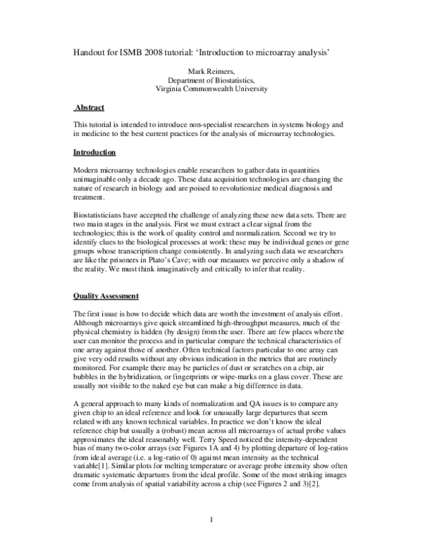 Pdf Handout For Ismb 2008 Tutorialintroduction To Microarray Analysis