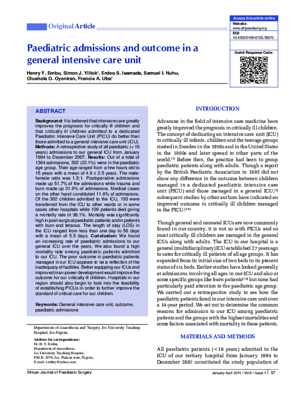 (PDF) Paediatric admissions and outcome in a general intensive care unit