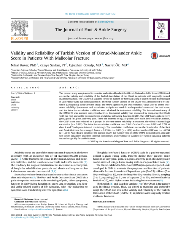 (PDF) Validity and Reliability of Turkish Version of Olerud-Molander ...