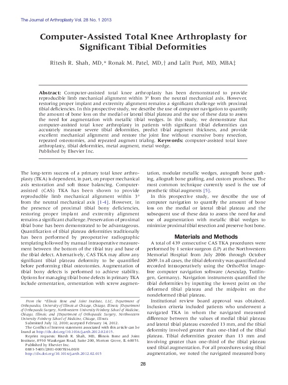 (PDF) Computer Assisted Total Knee Arthroplasty for Significant Tibial Deformities