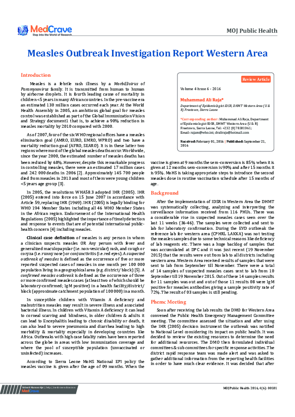 (PDF) Measles Outbreak Investigation Report Western Area