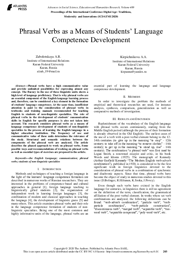 (PDF) Phrasal Verbs as a Means of Students’ Language Competence Development