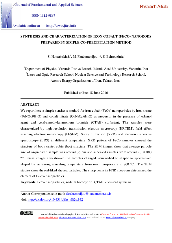 (PDF) Synthesis and characterization of iron cobalt (FECO) nanorods prepared by simple co ...