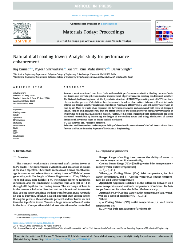 (PDF) Natural draft cooling tower: Analytic study for performance enhancement