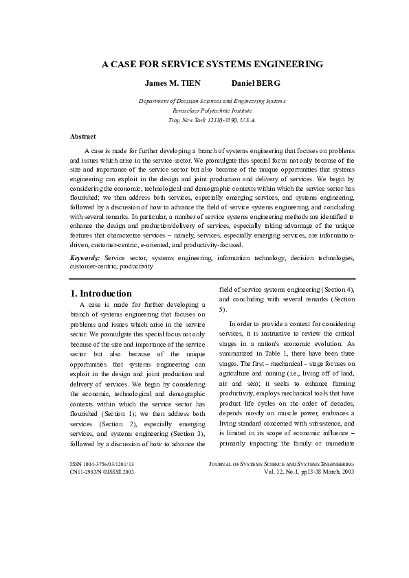 (PDF) A case for service systems engineering