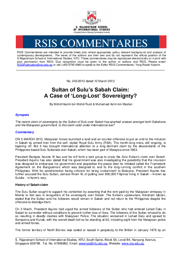 (PDF) Sultan of Sulu's Sabah claim : a case of 'long-lost' sovereignty?