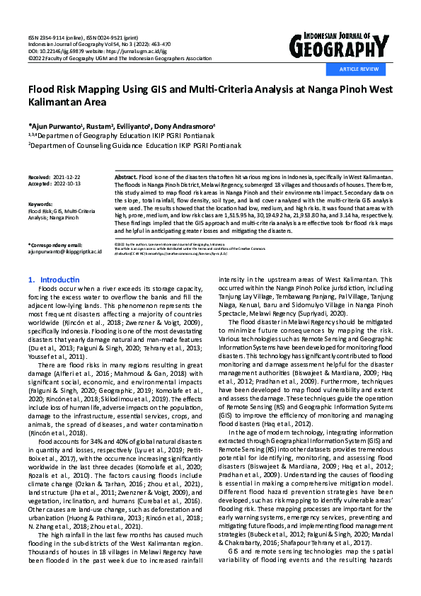(PDF) Flood Risk Mapping Using GIS and Multi-Criteria Analysis at Nanga Pinoh West Kalimantan Area