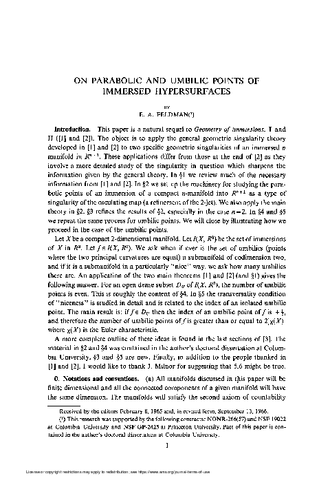 (PDF) On Parabolic and Umbilic Points of Immersed Hypersurfaces