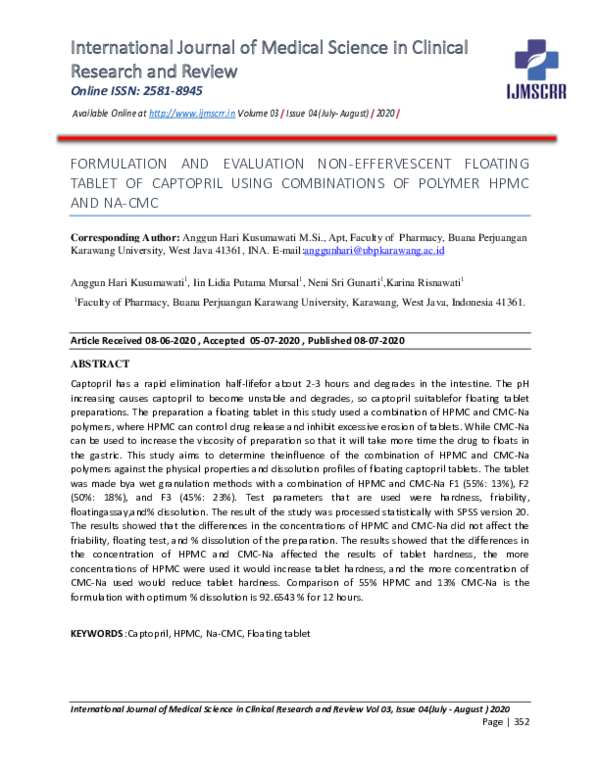 Pdf Formulation And Evaluation Non Effervescent Floating Tablet Of Captopril Using