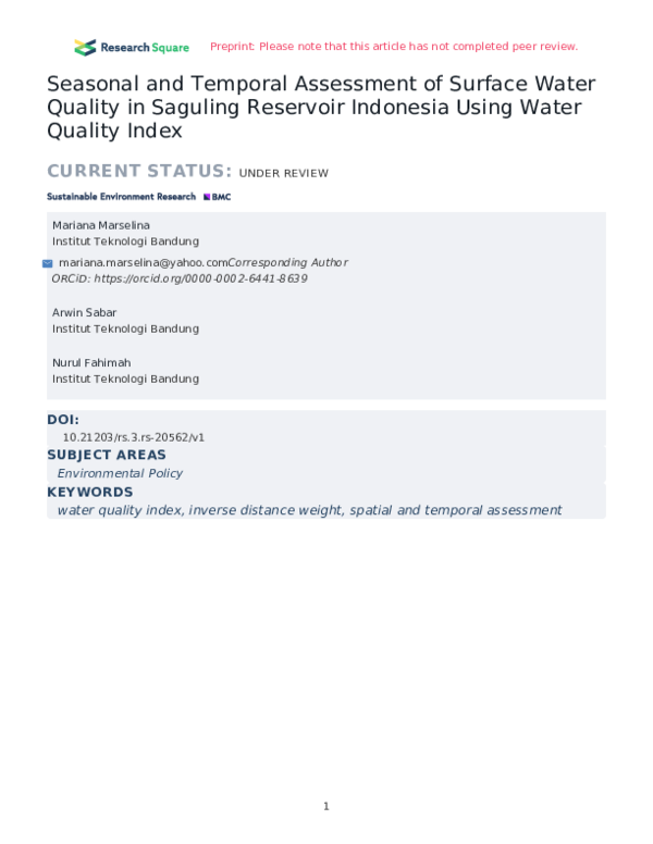 Pdf Seasonal And Temporal Assessment Of Surface Water Quality In Saguling Reservoir Indonesia