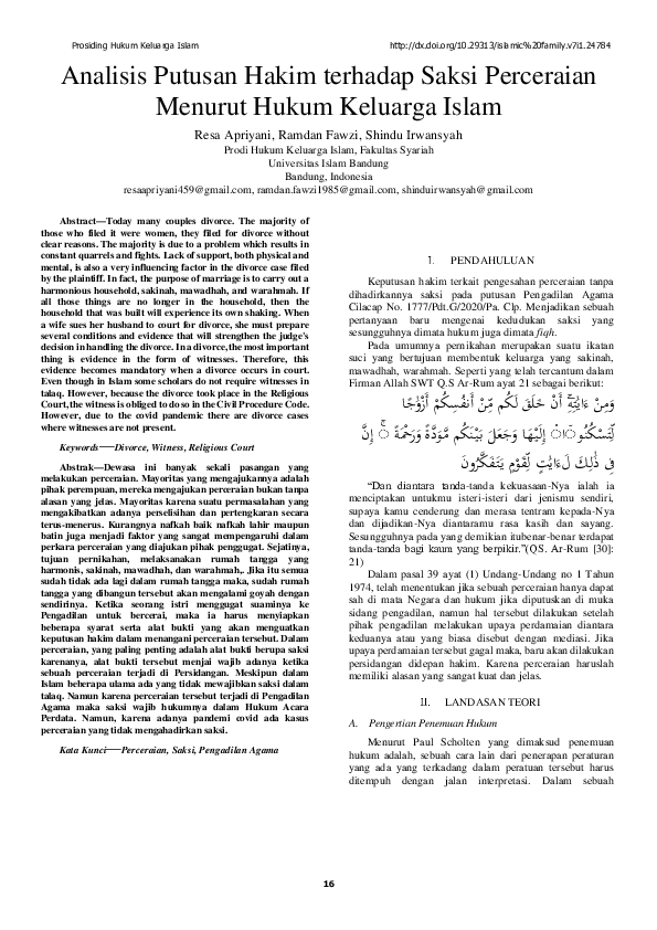 (PDF) Analisis Putusan Hakim terhadap Saksi Perceraian Menurut Hukum Keluarga Islam