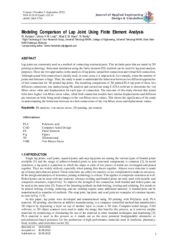 Pdf Modeling Comparison Of 3d Printed Lap Joint Using Finite Element