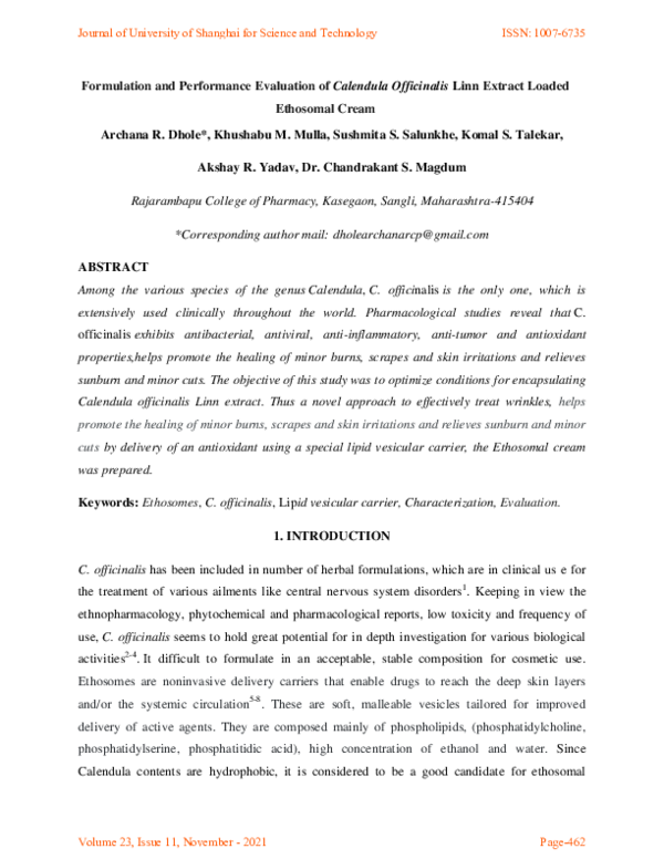 (PDF) Formulation and Performance Evaluation of Calendula Officinalis ...