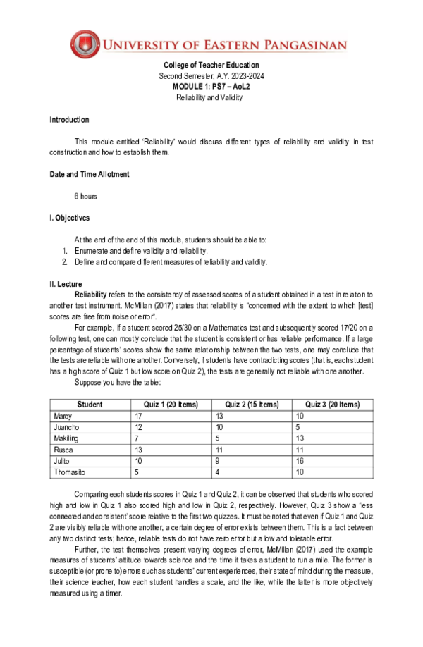 (PDF) Validity and Reliability in Educational Assessment