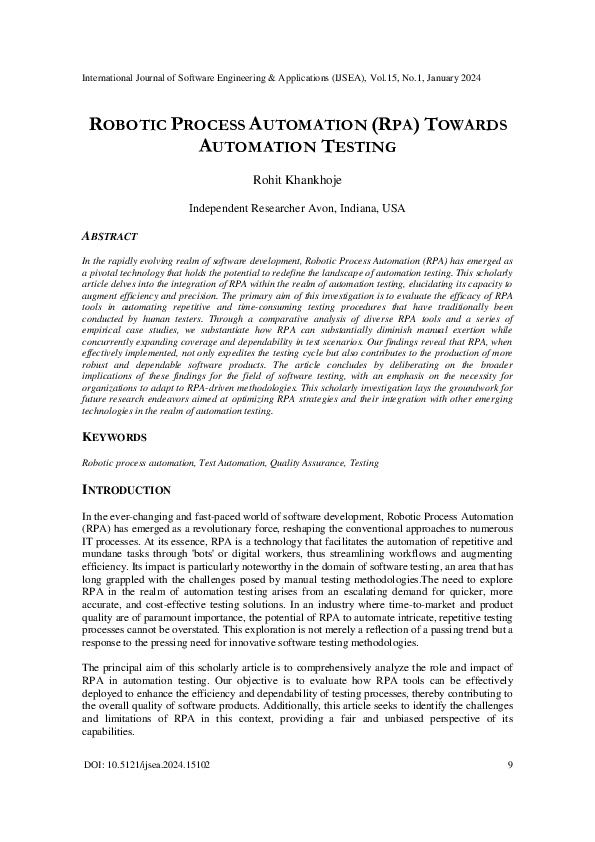 (PDF) ROBOTIC PROCESS AUTOMATION (RPA) TOWARDS AUTOMATION TESTING