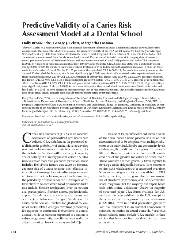 (PDF) Predictive Validity of a Caries Risk Assessment Model at a Dental School