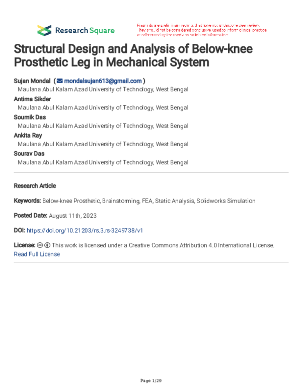 (PDF) Structural Design and Analysis of Below-knee Prosthetic Leg in ...