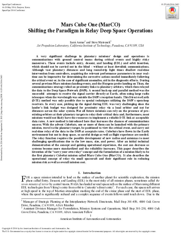 (PDF) Mars Cube One (MarCO) Shifting the Paradigm in Relay Deep Space ...