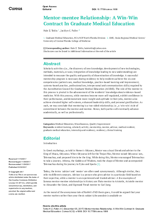 Mentor-mentee Relationship: A Win-Win Contract In Graduate Medical Education