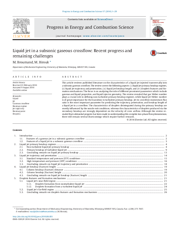 (PDF) Liquid jet in a subsonic gaseous crossflow: Recent progress and remaining challenges