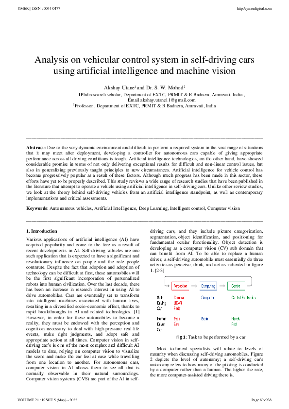 Pdf Analysis On Vehicular Control System In Self Driving Cars Using Artificial Intelligence