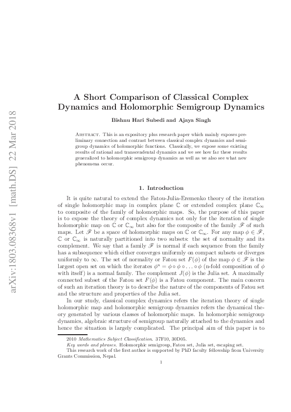 (PDF) A Short Comparison of Classical Complex Dynamics and Holomorphic Semigroup Dynamics