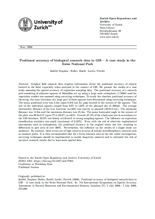 Positional accuracy of biological research data in GIS – A case study in the Swiss National Park
