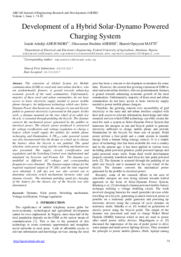 (PDF) Development of a Hybrid Solar-Dynamo Powered Charging System
