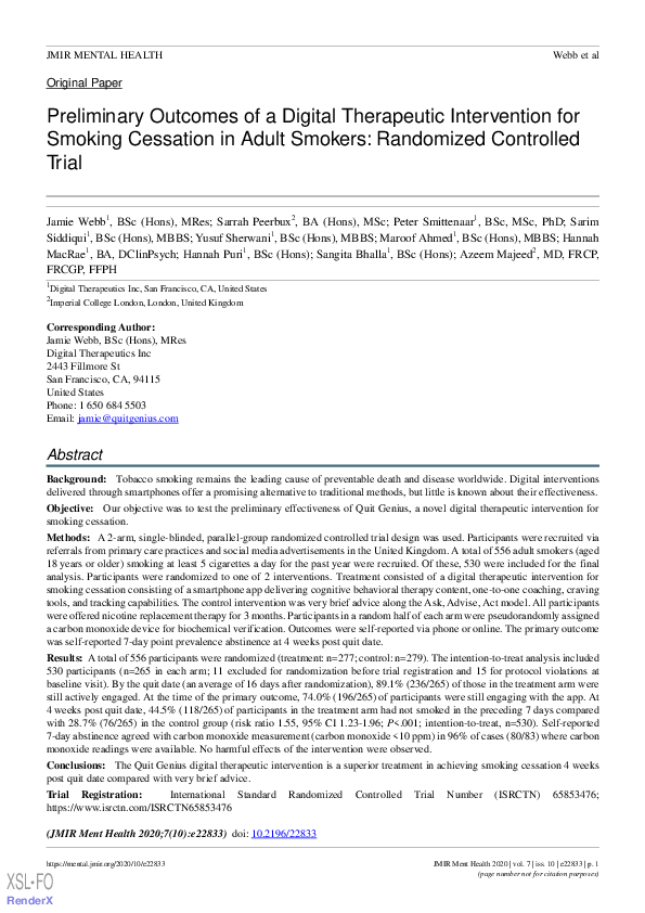 (PDF) Preliminary Outcomes of a Digital Therapeutic Intervention for Smoking Cessation in Adult ...
