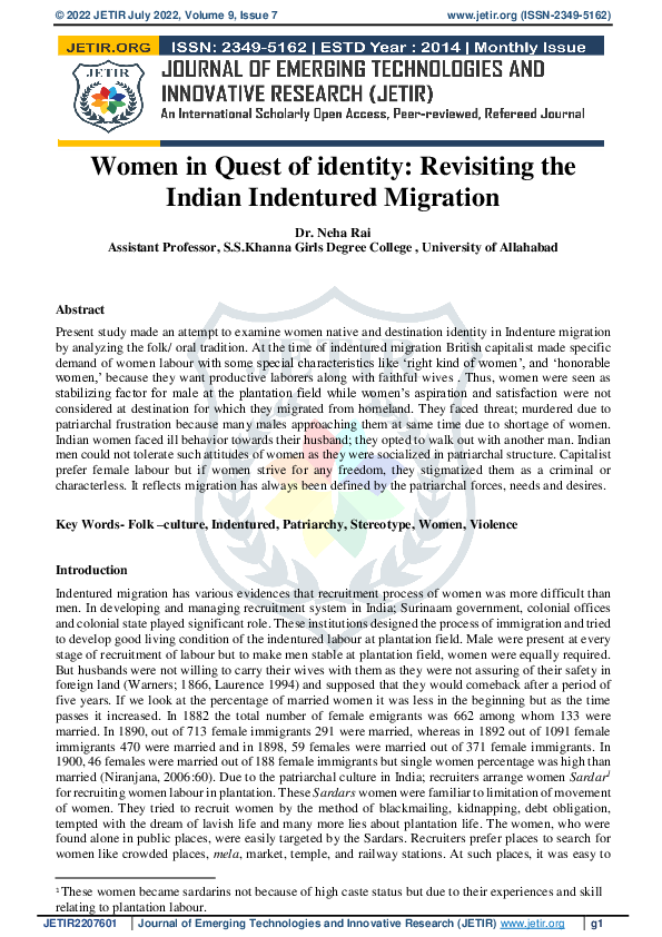 (PDF) women in Quest of Identity : Revisiting the Indian Indentured ...