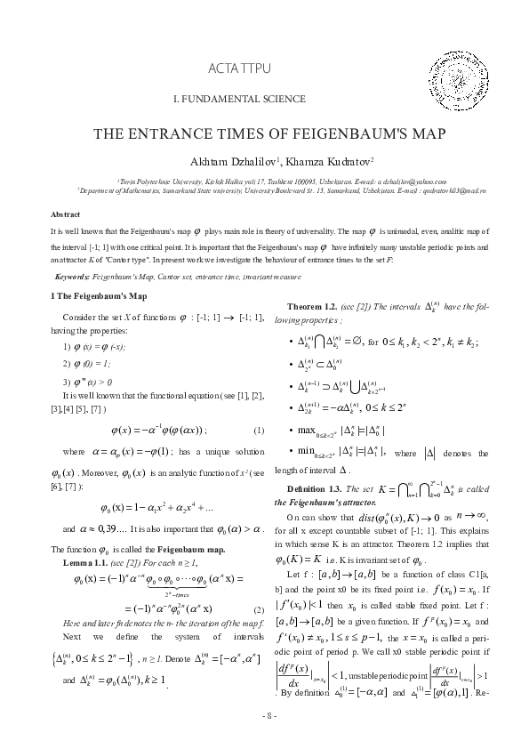 (PDF) The Entrance Times Of Feigenbaum's Map