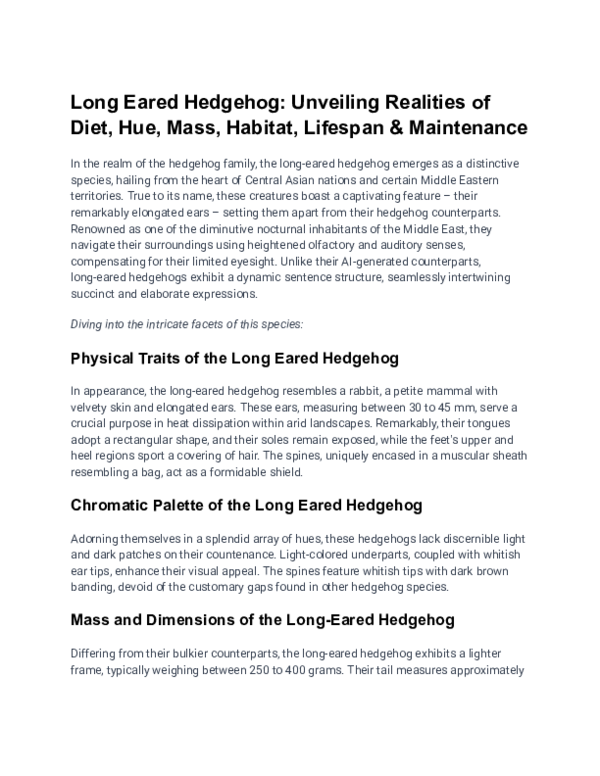 (PDF) Long Eared Hedgehog: Unveiling Realities of Diet, Hue, Mass ...
