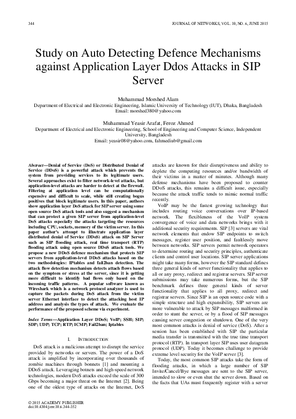 (PDF) Study on Auto Detecting Defence Mechanisms against Application Layer Ddos Attacks in SIP ...