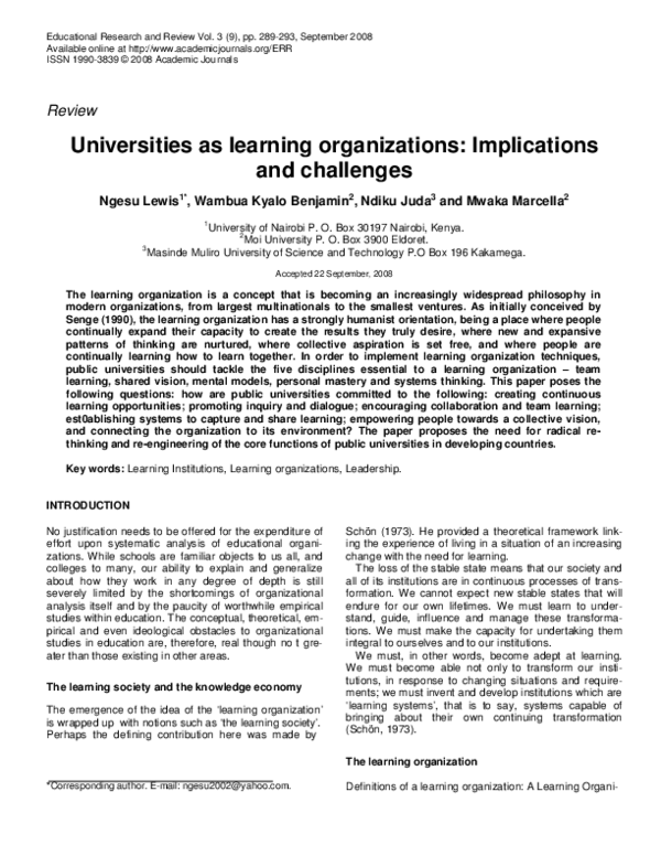 (PDF) Universities as learning organizations: Implications and challenges