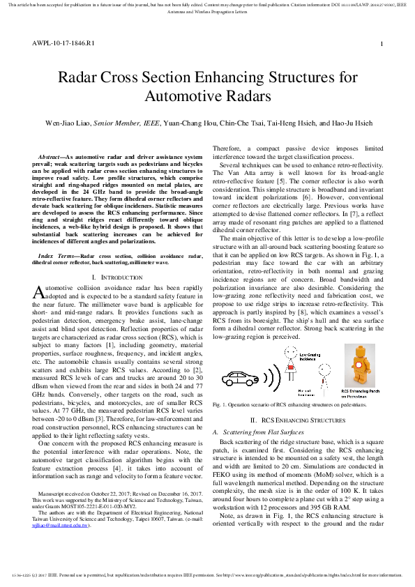 (PDF) Radar Cross Section Enhancing Structures for Automotive Radars | Yuan Chang Hou - Academia.edu