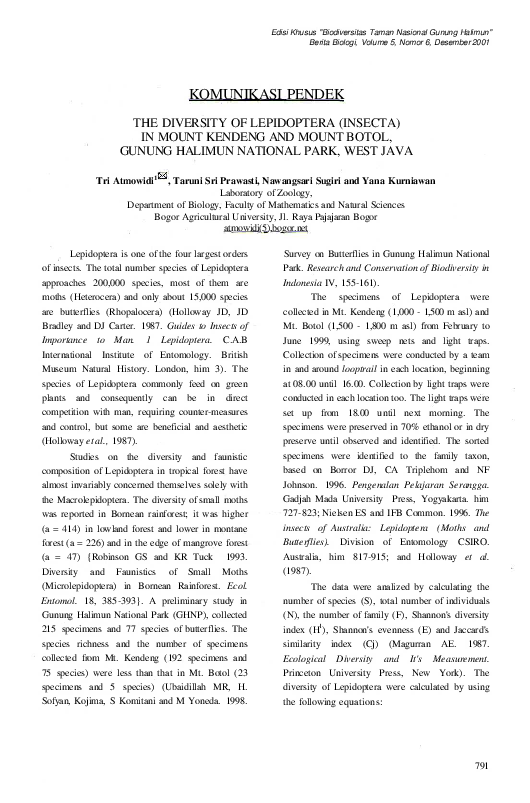 (PDF) The Diversity of Lepidoptera (Insecta) in Mount Kendeng and Mount ...