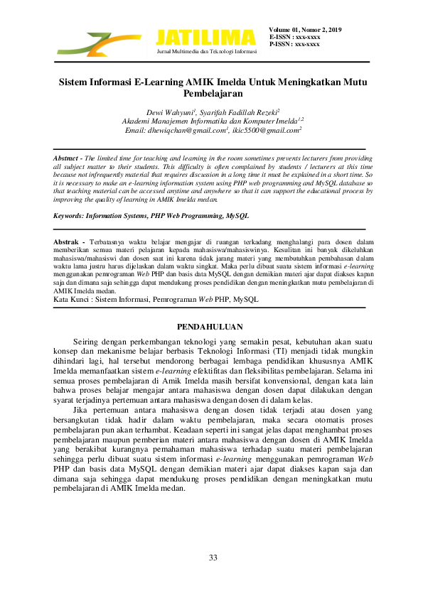 (PDF) Sistem Informasi E-Learning AMIK Imelda Untuk Meningkatkan Mutu Pembelajaran